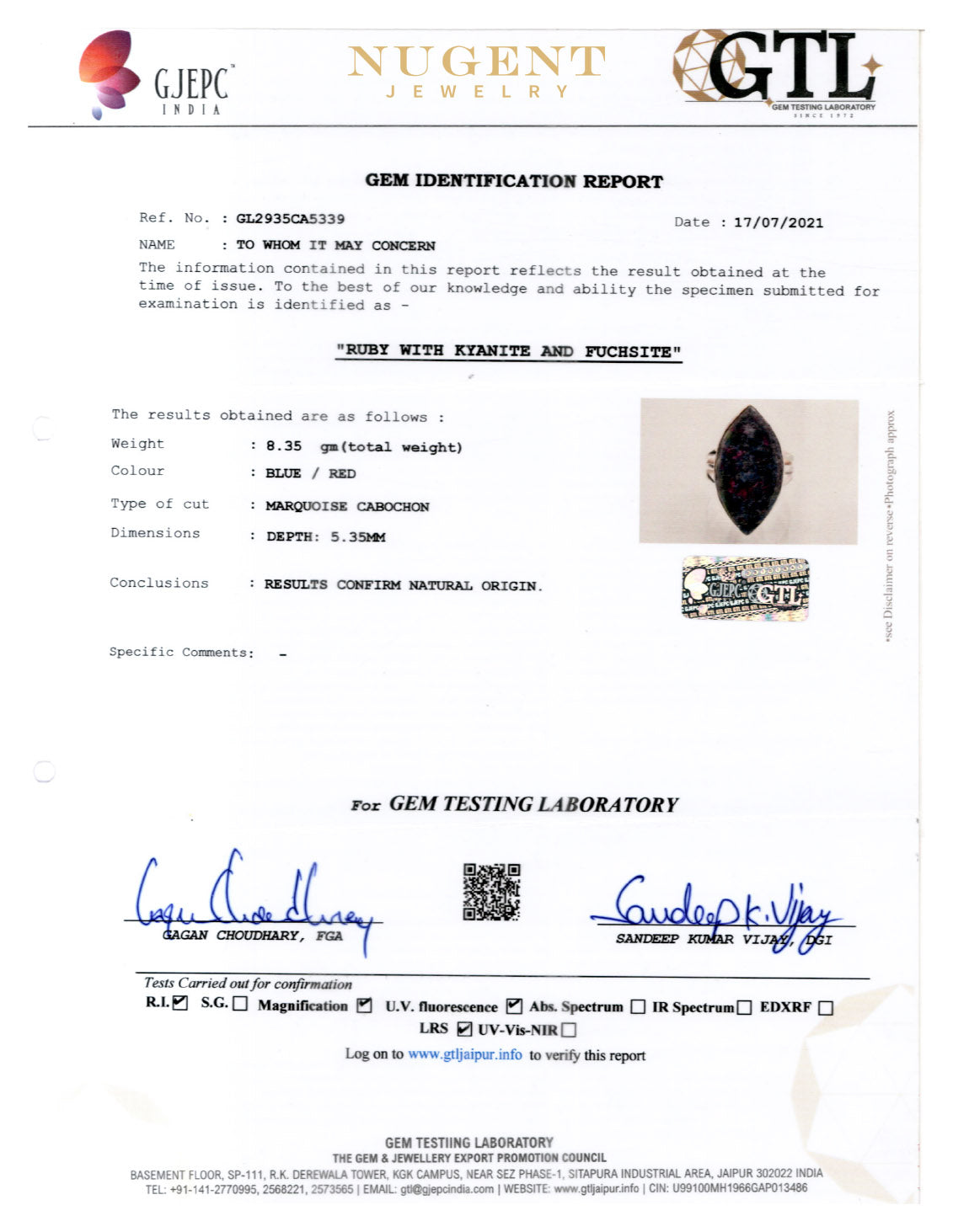 Ruby In Kyanite Stone Certification – Wholesale Nugent Jewelry